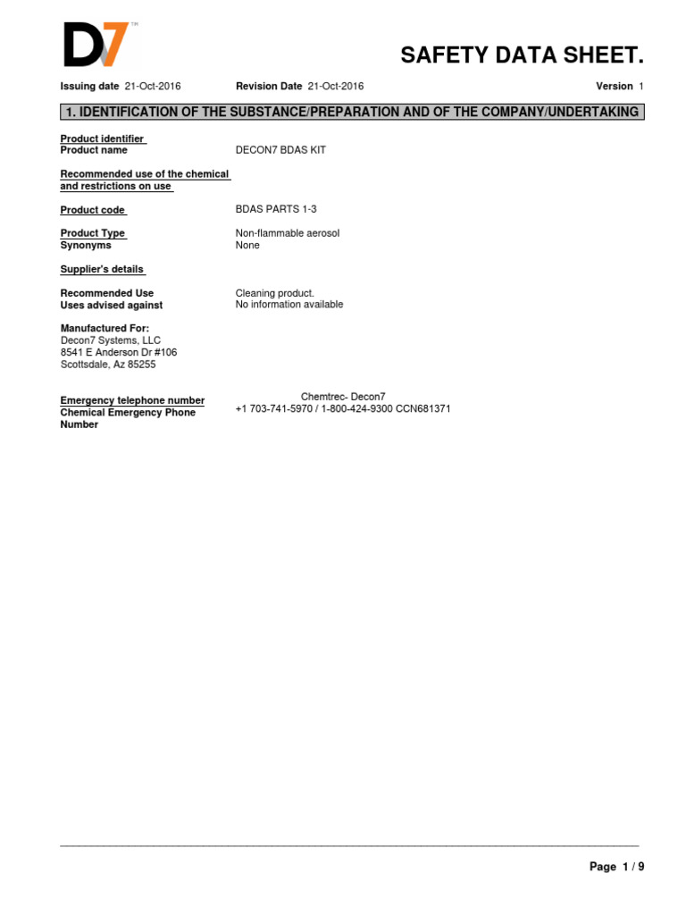 Decon7 BDAS Kit Safety Data Sheet | PDF | Wellness | Science & Mathematics