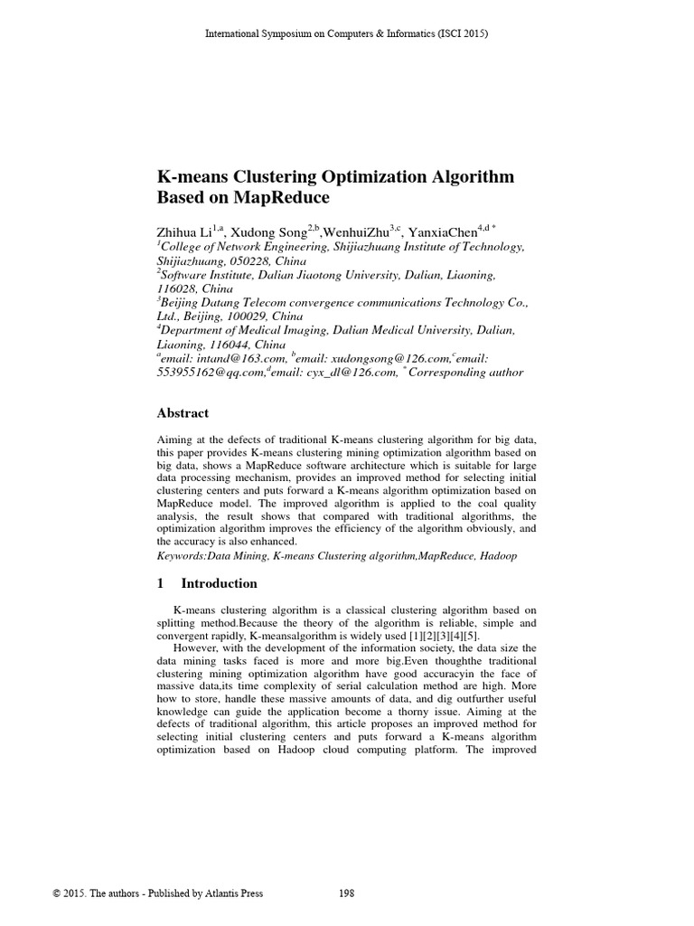 K Means Clustering Optimization Algorithm Based On Mapreduce Pdf 0131