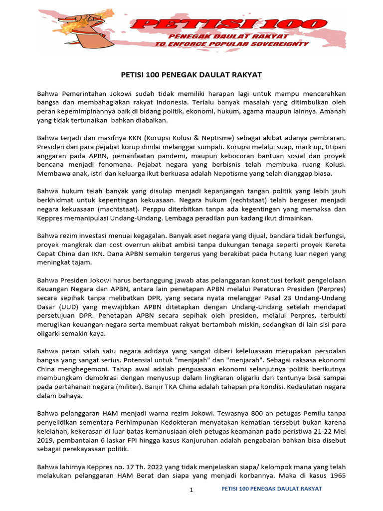 Petisi 100 Penegak Daulat Rakyat | PDF | Politik