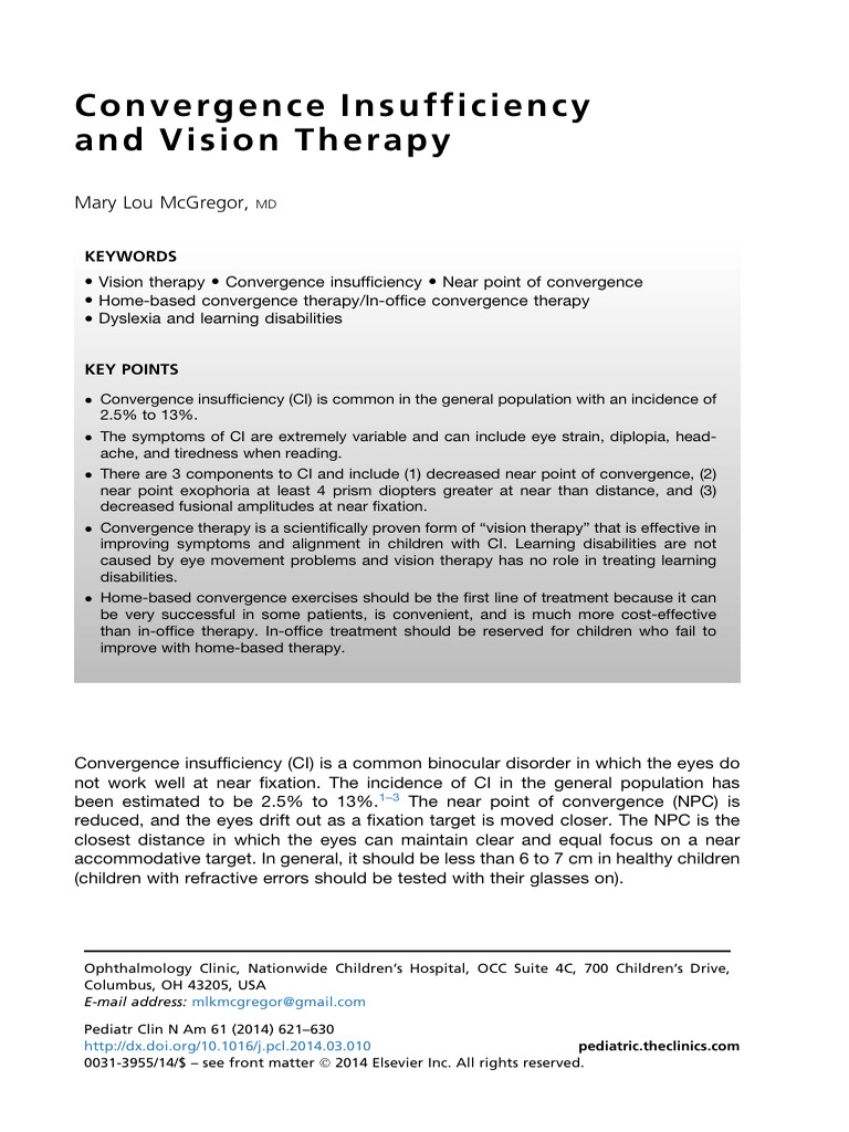 Convergence Insufficiency and Vision Therapy | PDF | Dyslexia | Medical ...