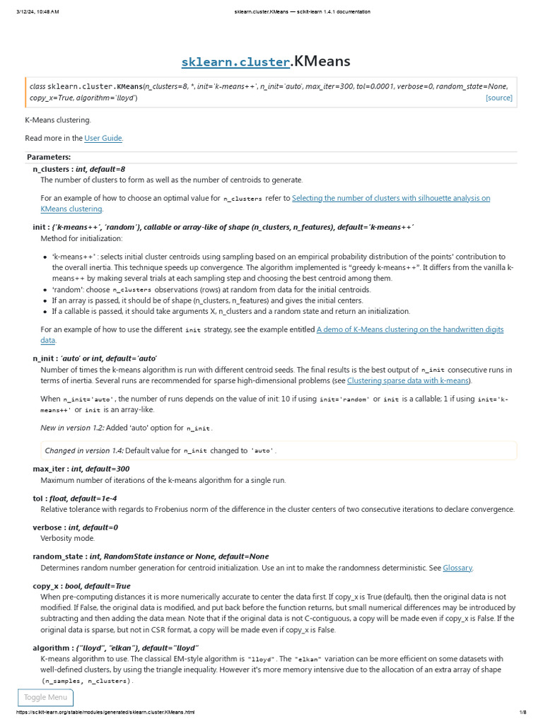 Sklearn - cluster.KMeans - Scikit-Learn 1.4.1 Documentation | PDF