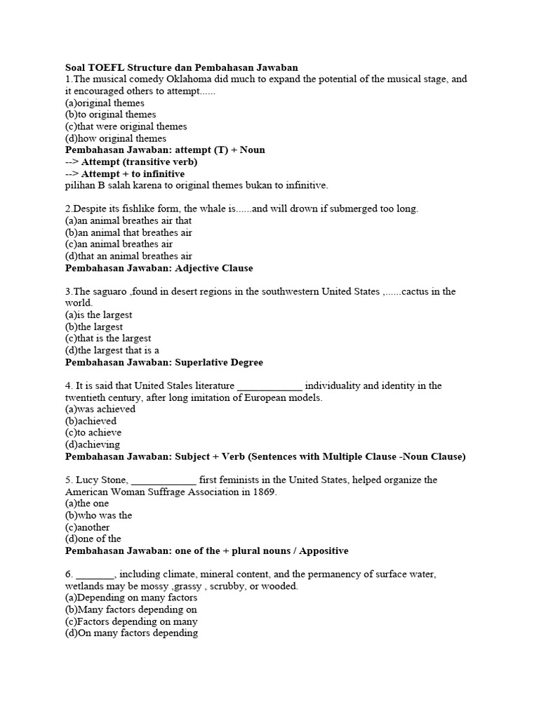 Soal TOEFL Structure Dan Pembahasan Jawaban | PDF | Adjective | Verb