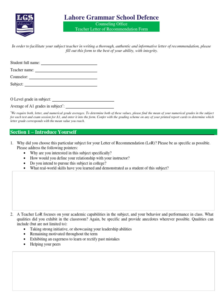 Teacher Recommendation Form (G) | PDF | Teachers | Behavior Modification