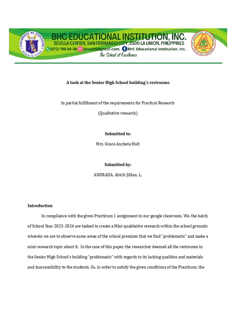 Practicum 1 - A Look at The Senior High School Building's Restrooms ...