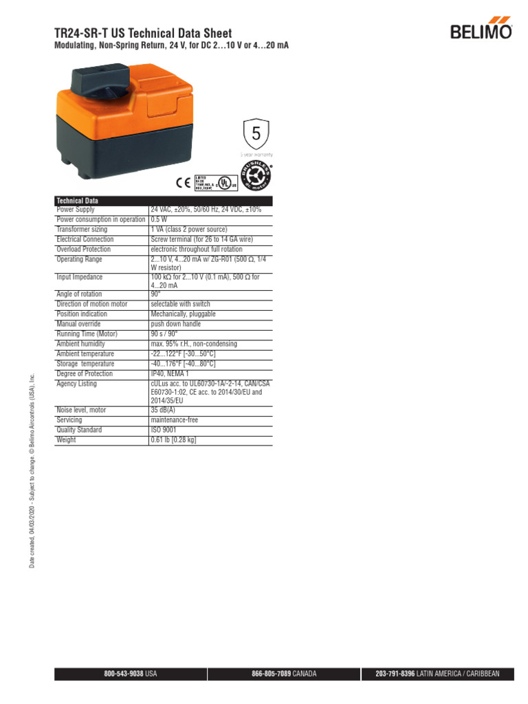 TR24-SR-T US Technical Data Sheet: Modulating, Non-Spring Return, 24 V ...