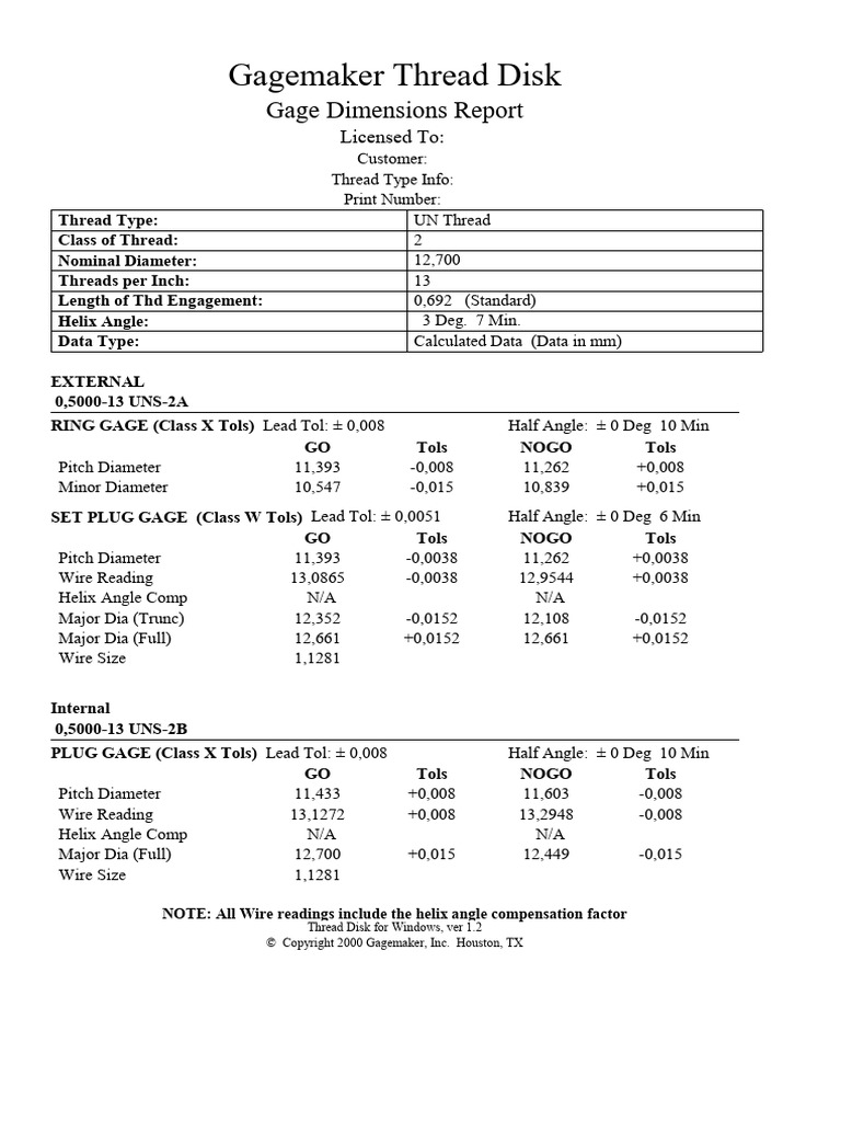 Gagemaker Thread Disk: Gage Dimensions Report | PDF | Manufactured ...