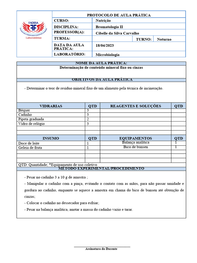 Protocolo de Aula Prática Bromatologia Ii Aula Cinzas | PDF