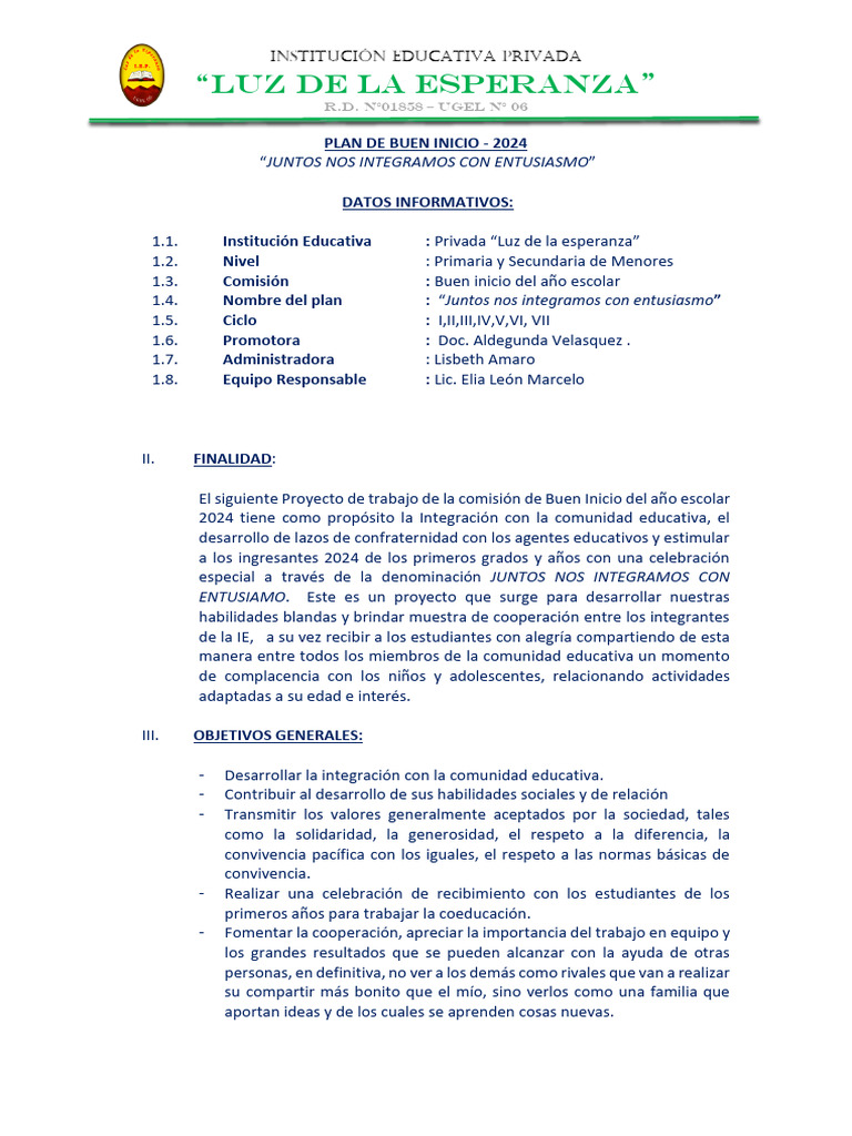 Plan de Buen Inicio 2024 | PDF | Crecimiento personal y profesional ... Plan de Buen Inicio 2024 | PDF | Crecimiento personal y profesional ...