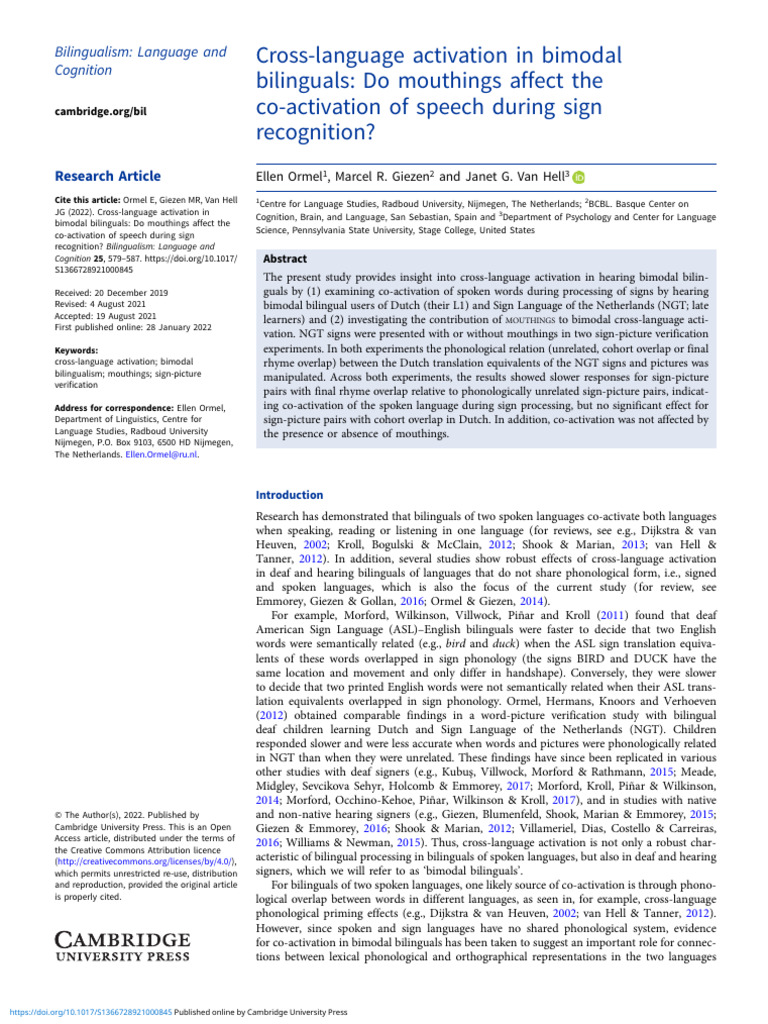 Crosslanguage Activation in Bimodal Bilinguals Do Mouthings Affect The ...