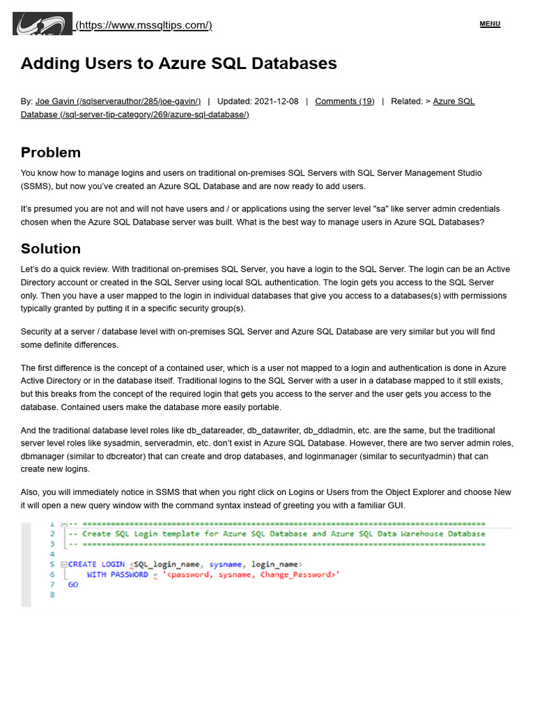 Adding Users to Azure SQL Databases | PDF | Databases | User (Computing)