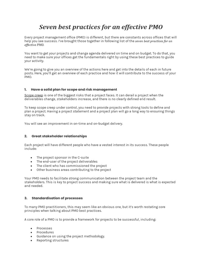 Seven Best Practices For An Effective PMO | PDF