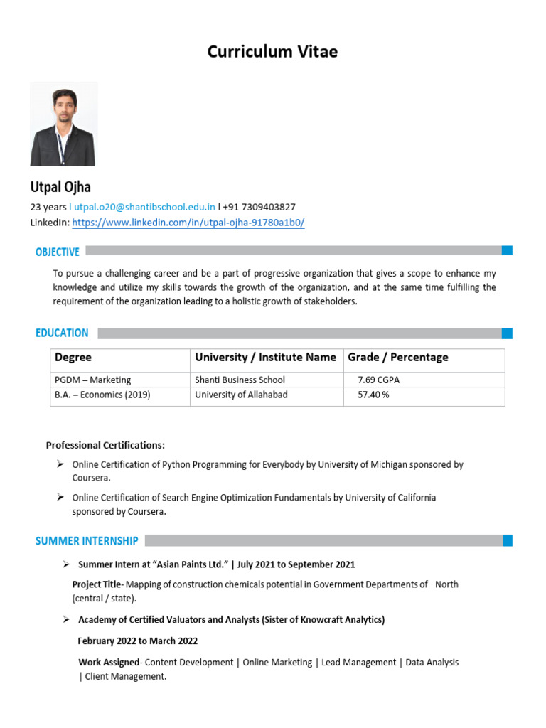 Utpal Ojha - CV - 01 | PDF | Marketing | Economies