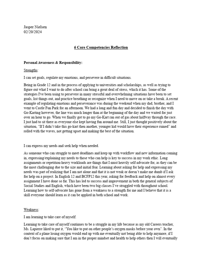 6 Core Competencies Reflection | PDF | Thought | Learning