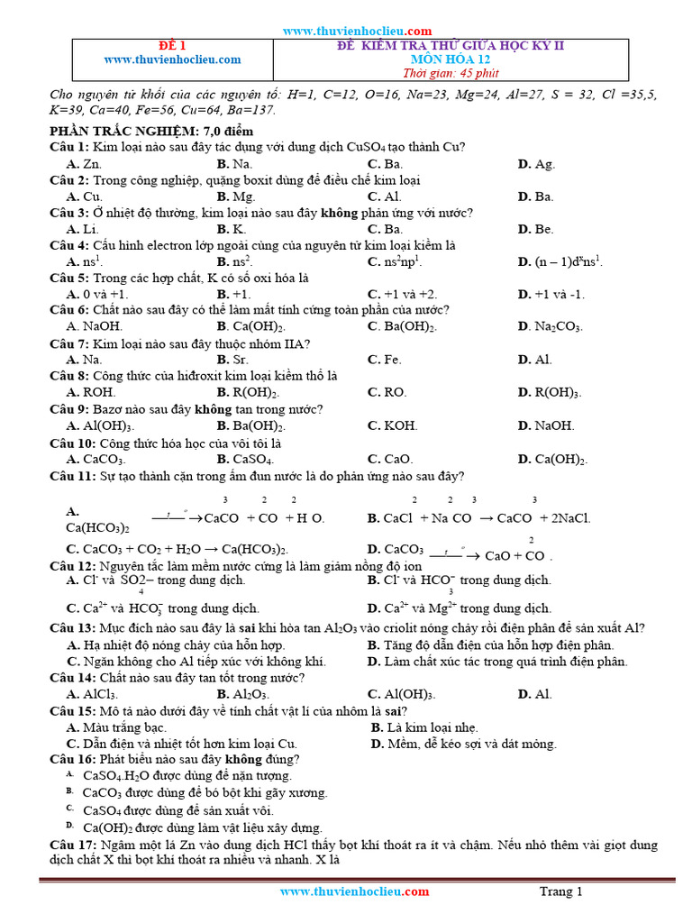 Bo de KT Giua HK2 Hoa 12 | PDF