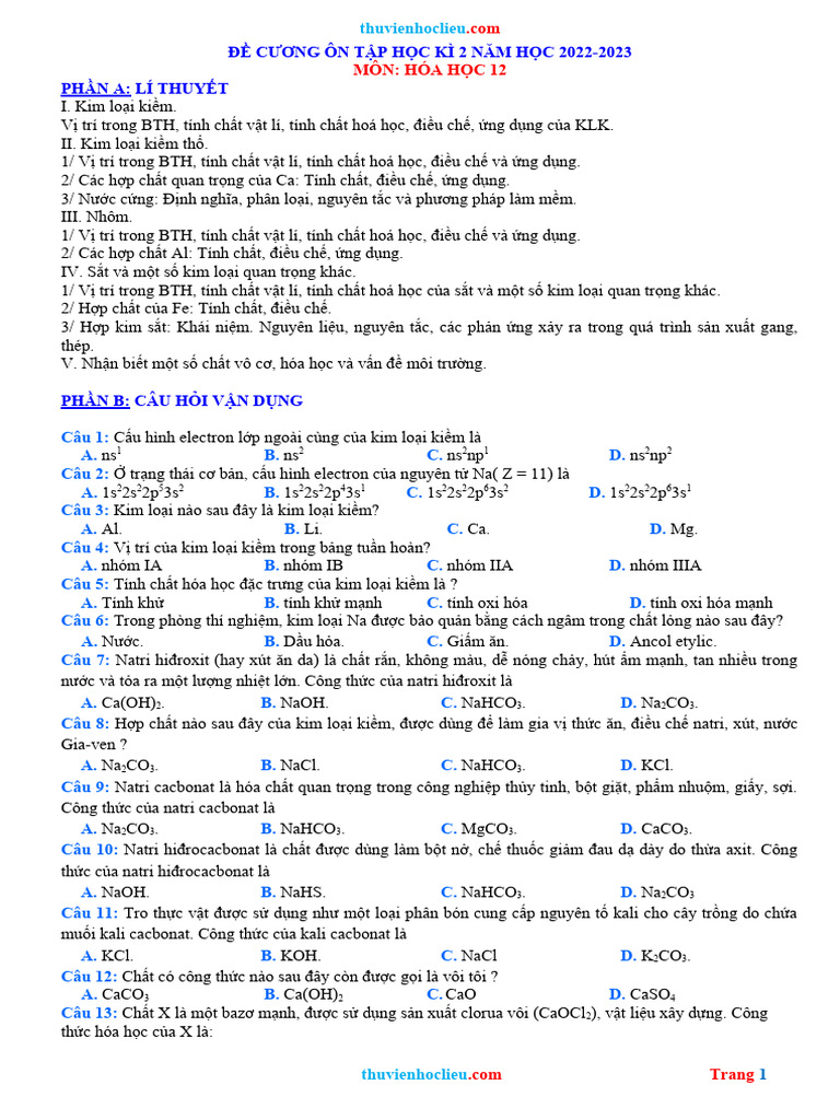 De Cuong On Tap Hoa 12 Giua HK2 | PDF