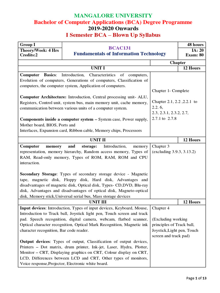 Bachelor of Computer Applications (BCA) Degree Programme: I Semester BCA - Blown Up Syllabus | PDF
