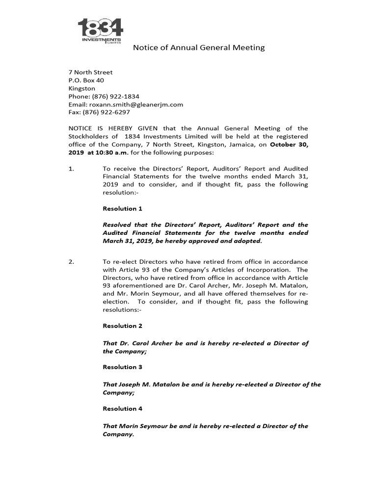Notice of AGM- StockExc Sample | PDF | Audit | Corporate Law