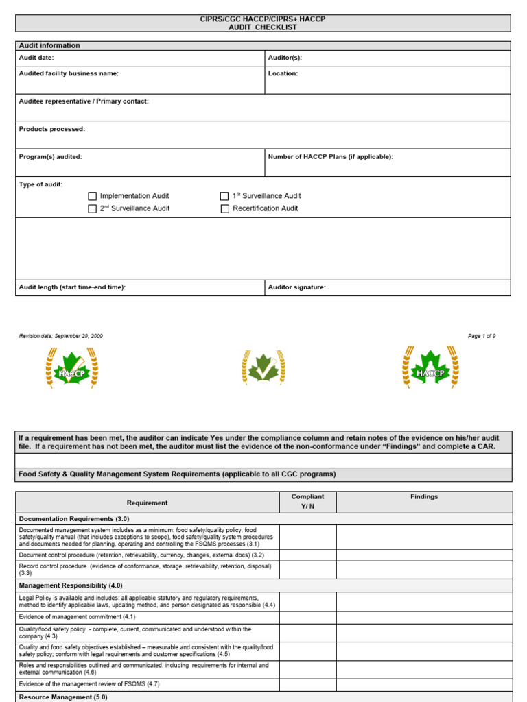CGC HACCP Checklist | PDF | Audit | Hazard Analysis And Critical ...
