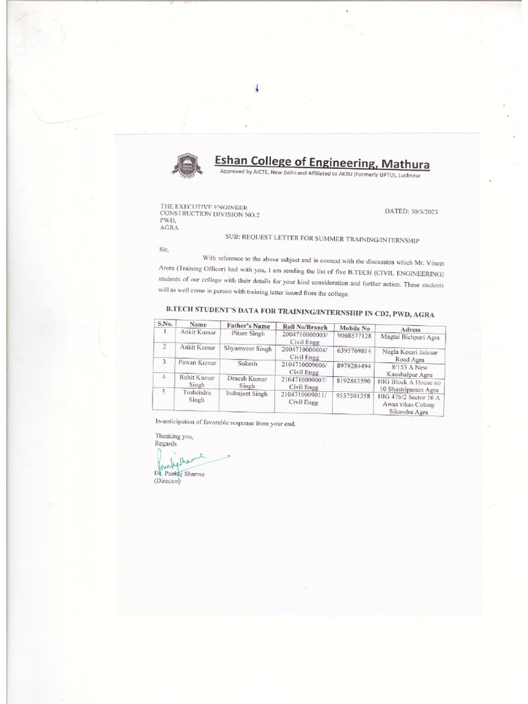 Eshan Training Letter For B.tech Students | PDF
