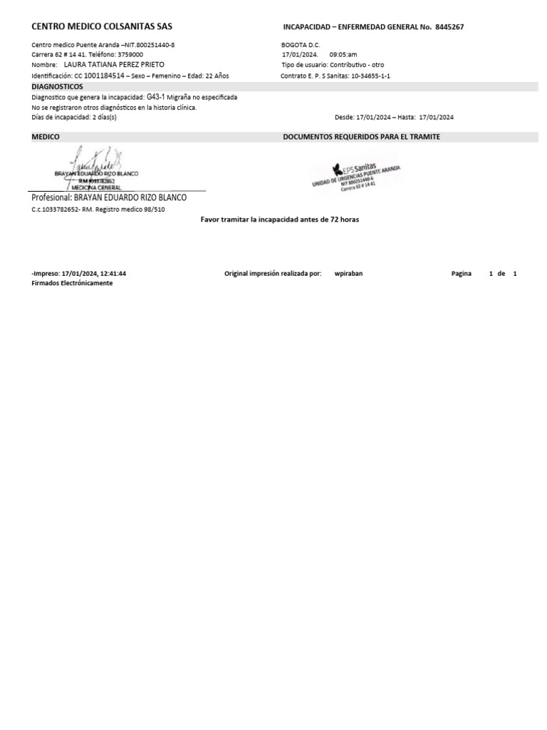 FORMATO INCAPACIDAD EPS COLSANITAS | PDF