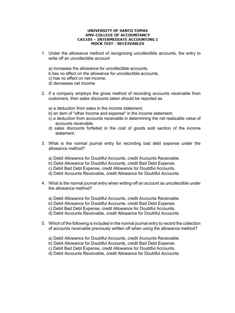 Mock Test - Receivables | PDF | Bad Debt | Debits And Credits Mock Test - Receivables | PDF | Bad Debt | Debits And Credits