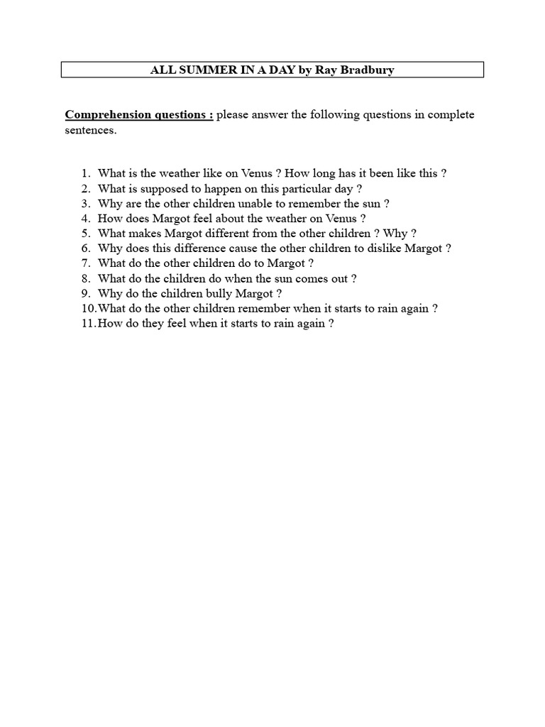 All Summer in A Day by Ray Bradbury | PDF