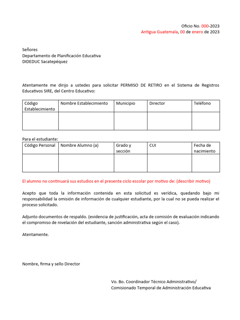 Modelo Oficio Solicitud Retiro | PDF