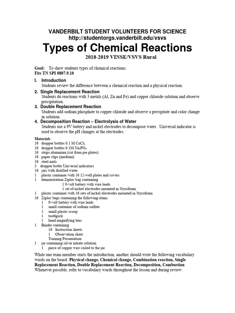 Types of Chemical Reactions Lesson Plan | PDF | Ph | Redox