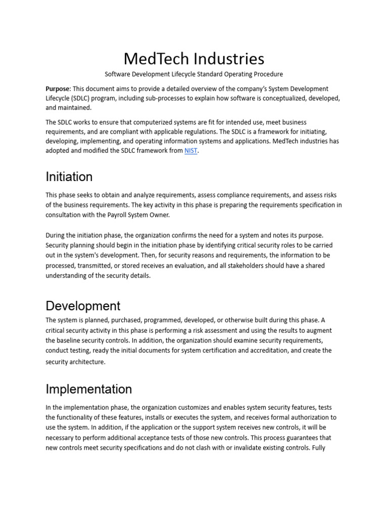MedTech Industries SDLC SOP | PDF | Computing | Information Technology Management