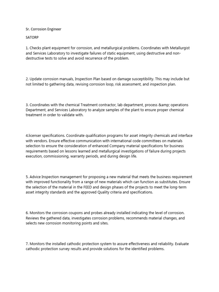 Sr. Corrosion Engineer SATORP | PDF | Corrosion | Specification ...