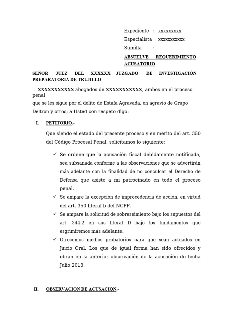 Modelo Escrito Absolución de Requerimiento Acusatorio(1)-Convertido | PDF | Procedimiento ...