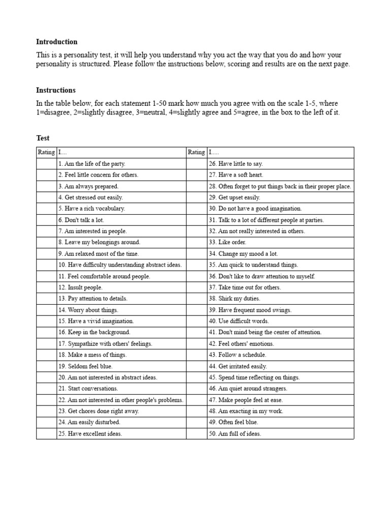 Big Five Personality Test | PDF | Behavioural Sciences | Psychological ...