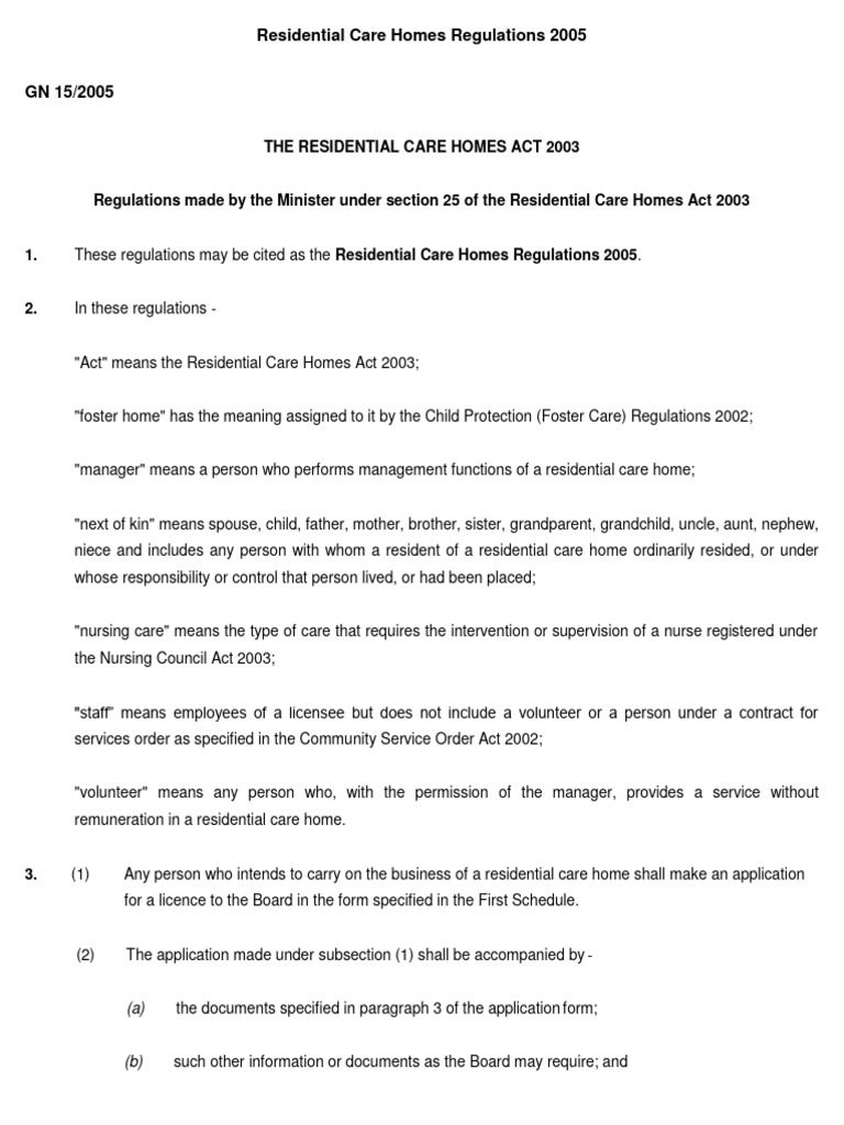 Residential Care Homes Regulations 2005 | PDF | Bedroom | License Residential Care Homes Regulations 2005 | PDF | Bedroom | License