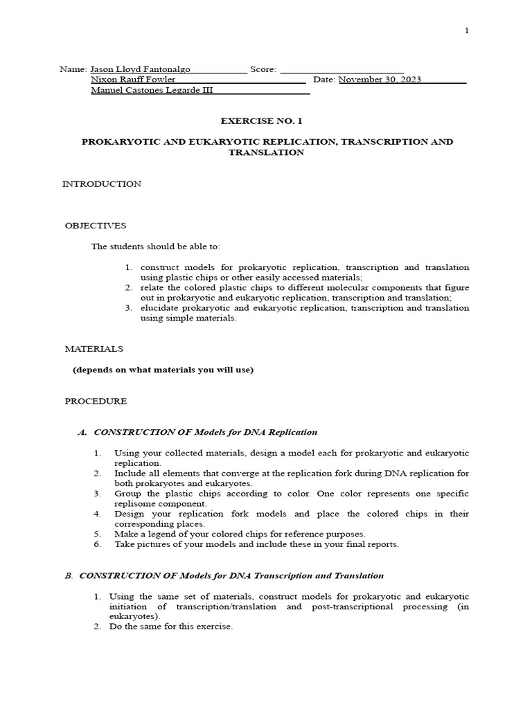 Exercise 1 | PDF | Dna Replication | Messenger Rna
