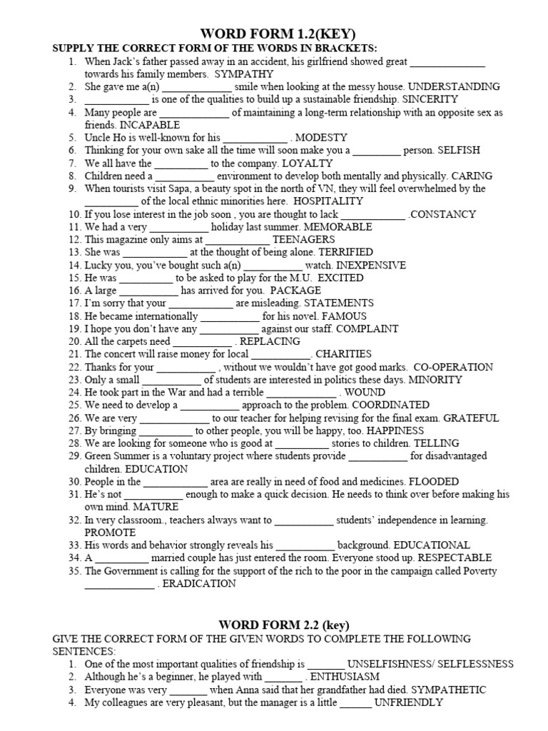 BAI TAP WORD FORM Extra Exercises and Key | PDF | Home & Garden