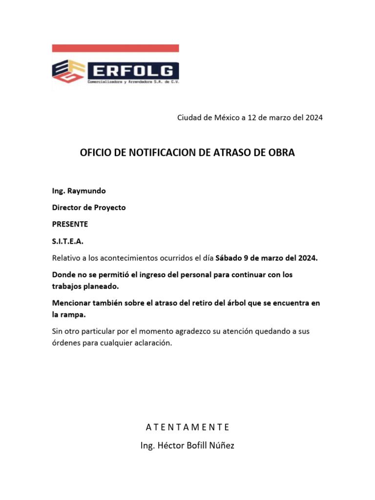 Oficio de atraso de obra | PDF