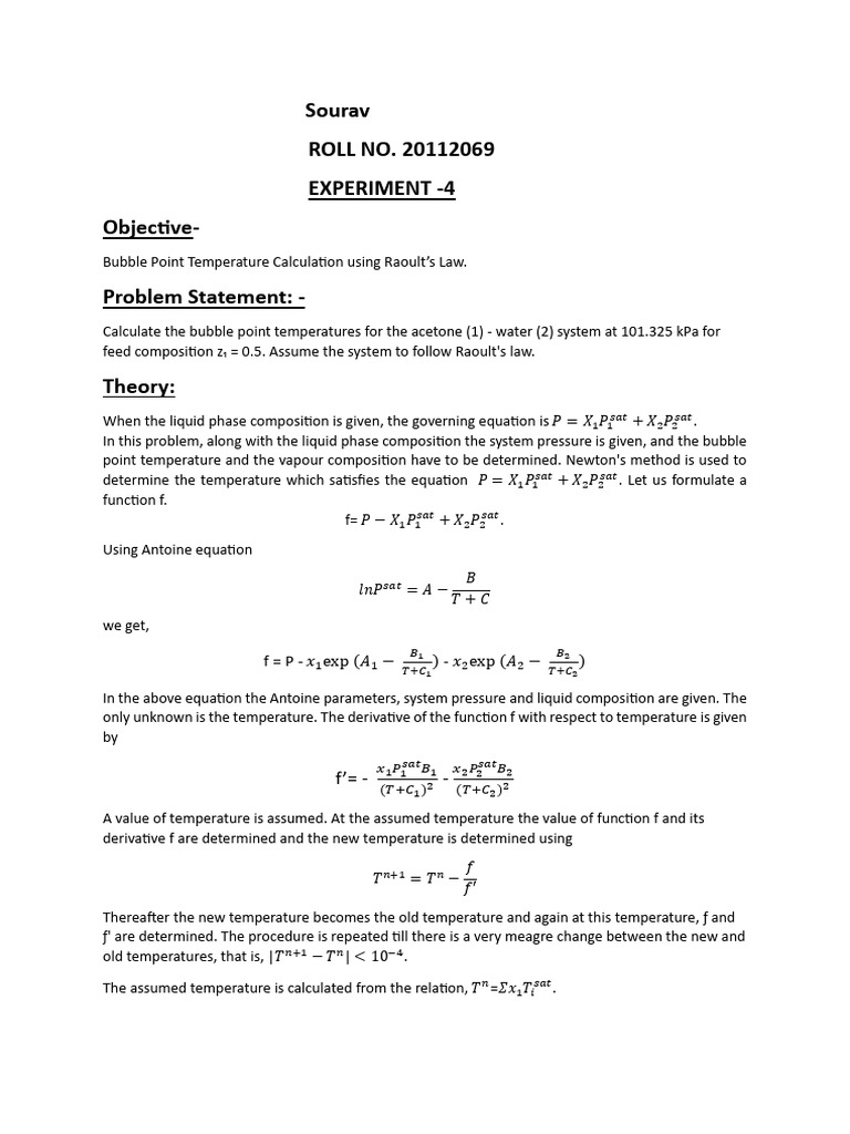 Bubble Point Temp Calculation Raoult's Law | PDF | Mechanics ...