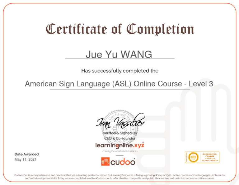 ASL Level 3 Online Course Certificate | PDF