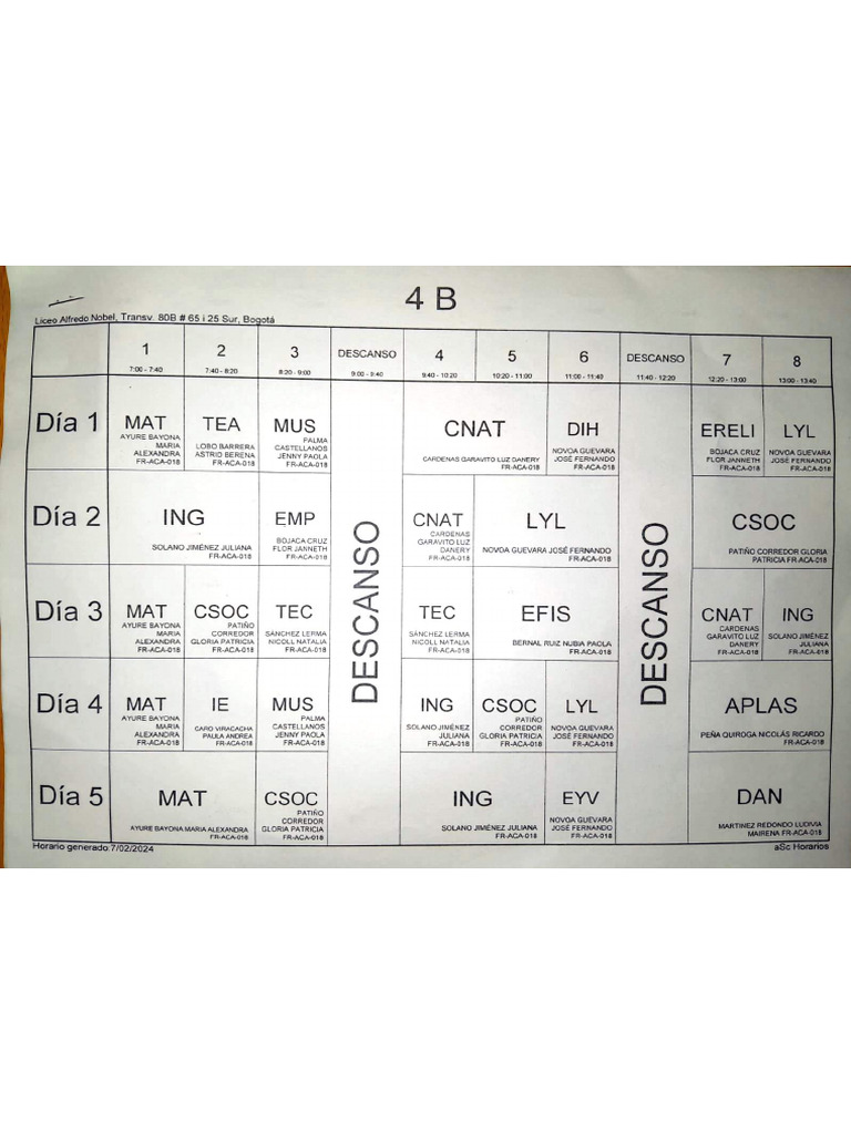 Horario de Clases 4b | PDF