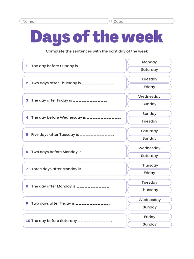 Simple Days Of The Week Worksheet | PDF