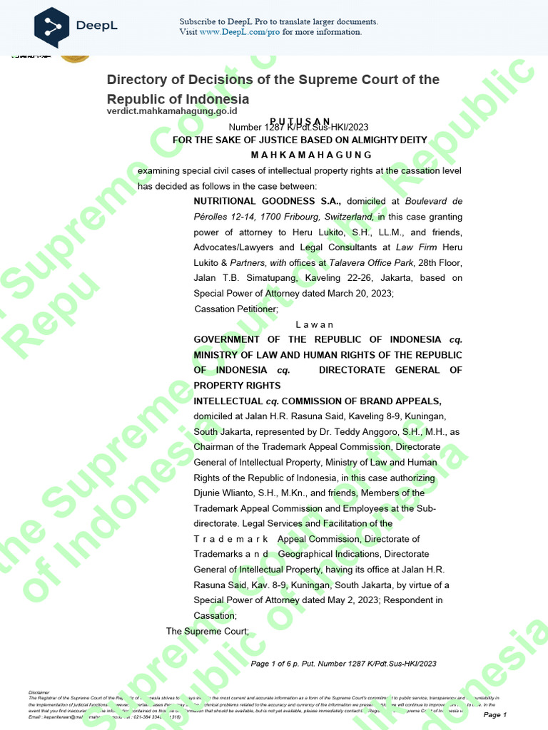 Putusan - 1287 - K - PDT - Sus-Hki - 2023 - 20240312220951 en | PDF | Lawsuit | Trademark