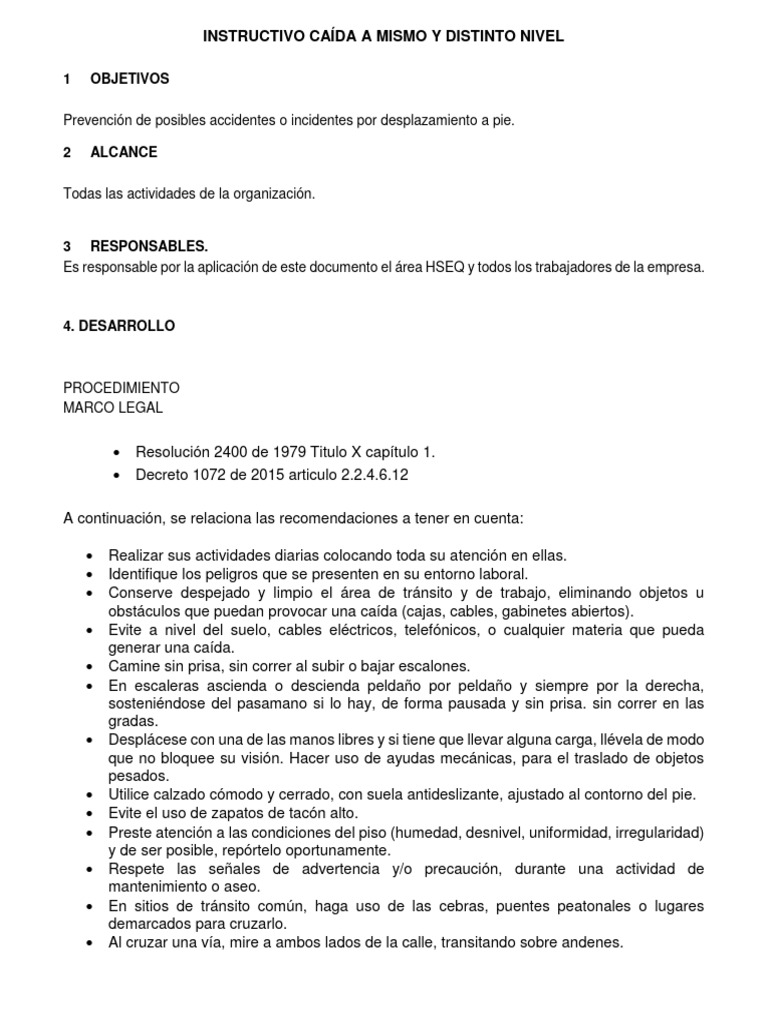 Instructivo Caída A Mismo y Distinto Nivel | PDF