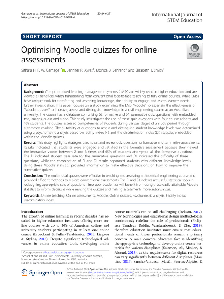 Optimising Moodle Quizzes For Online Assessments: Shortreport Open ...