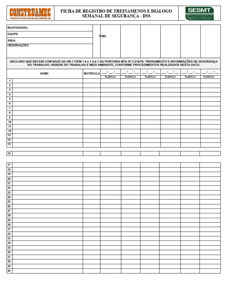 Ficha de Registro de Treinamento DSS | PDF | Tecnologia e Engenharia