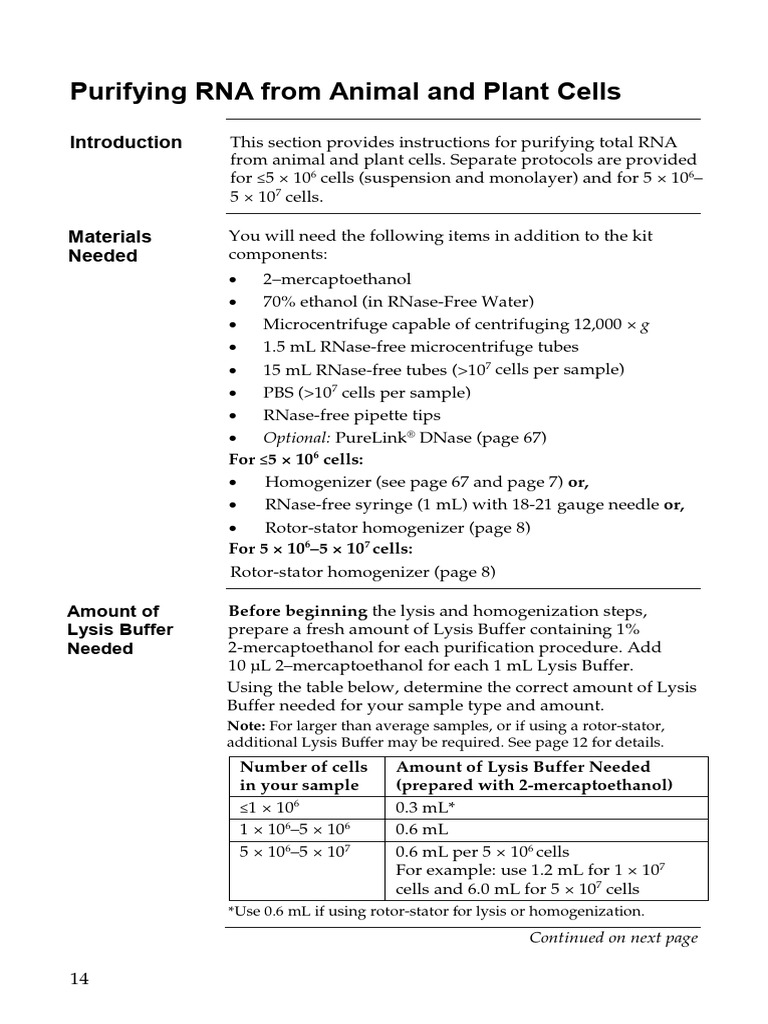 PureLink RNA Mini Kit Protocol | PDF | Lysis | Protein Purification