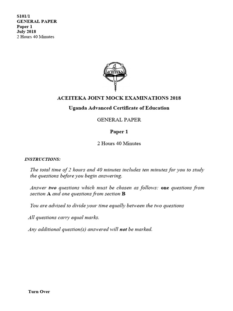 Aceiteka Joint Mock Examinations 2018 Uganda Advanced Certificate of ...