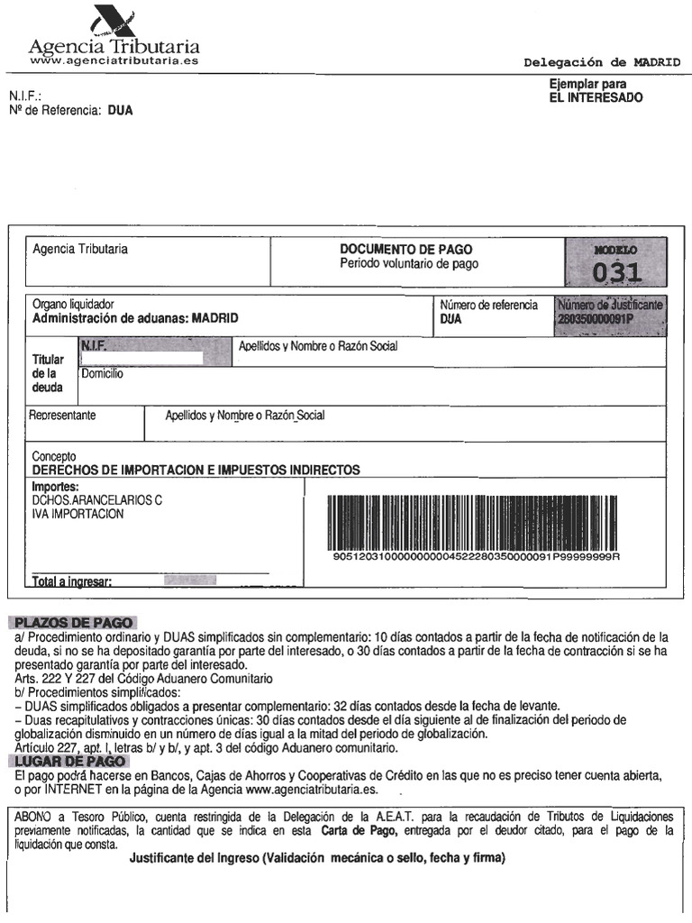 Documento de Pago Aduanas | PDF