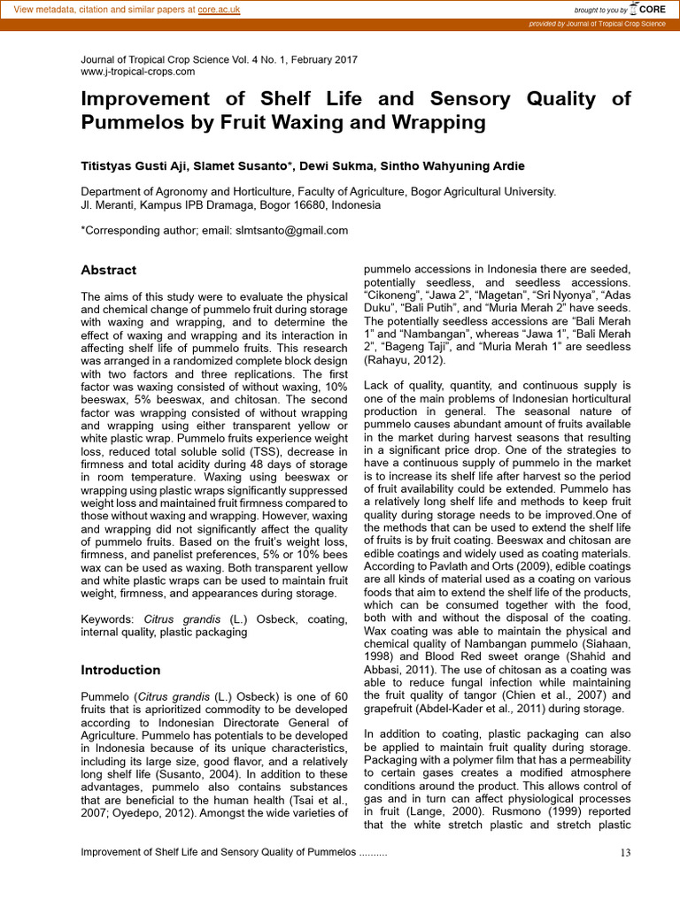Pummelo Shelf Life Enhancement | PDF | Postharvest | Wax