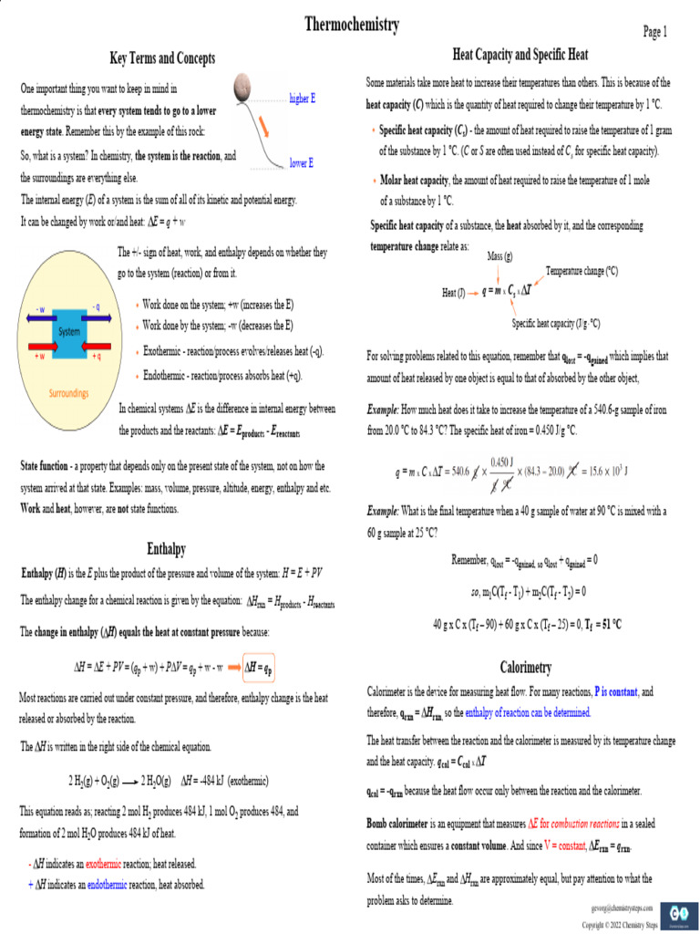 Thermochemistry Two Page Summary 4.13.2022-1 | PDF | Heat | Heat Capacity