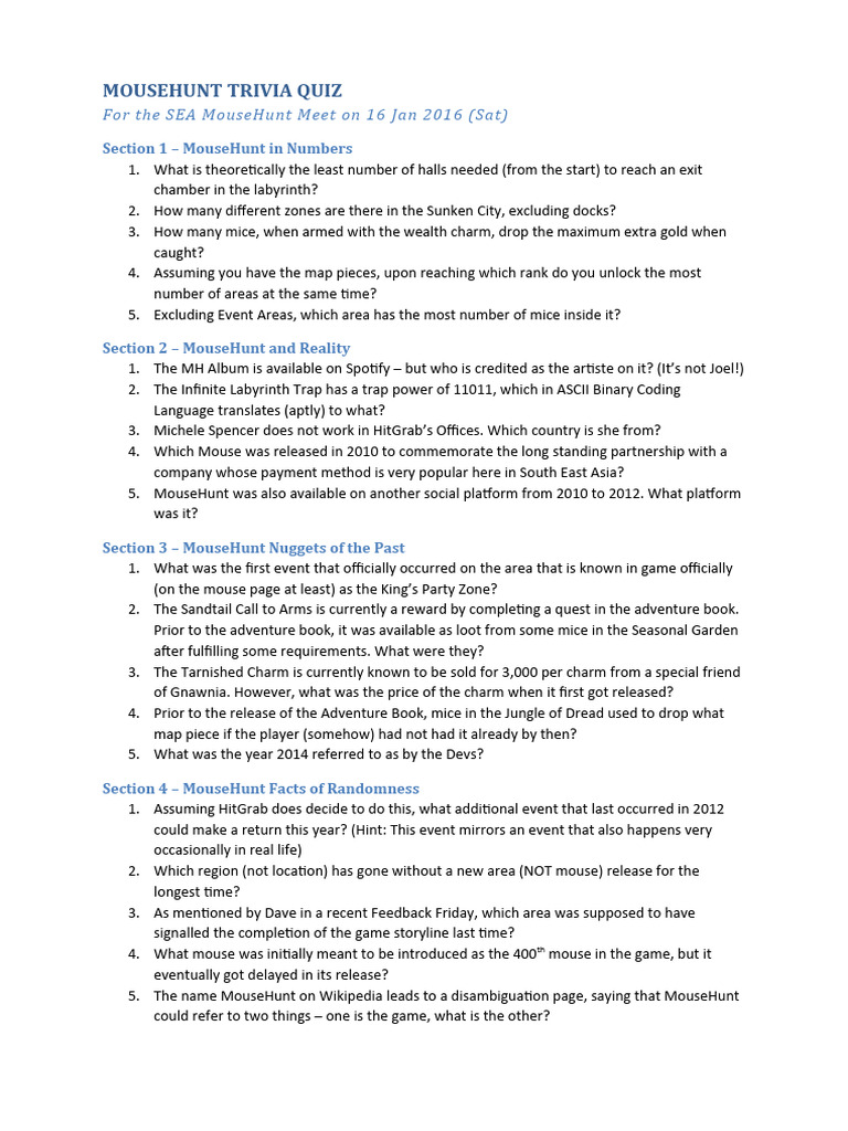 MouseHunt Trivia Quiz | PDF